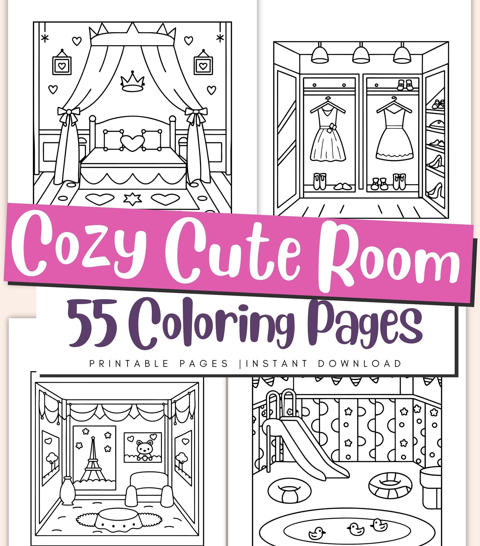 Cozy Room Coloring Pages for Kids: Princess, Space & Kawaii Bedroom ...