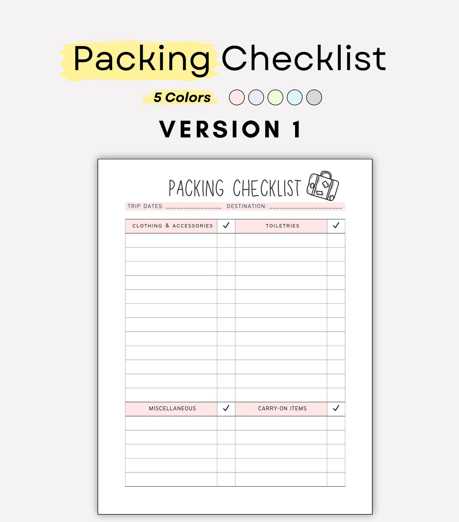 Fillable PDF Packing List, Printable Travel Checklist, Digital Travel ...