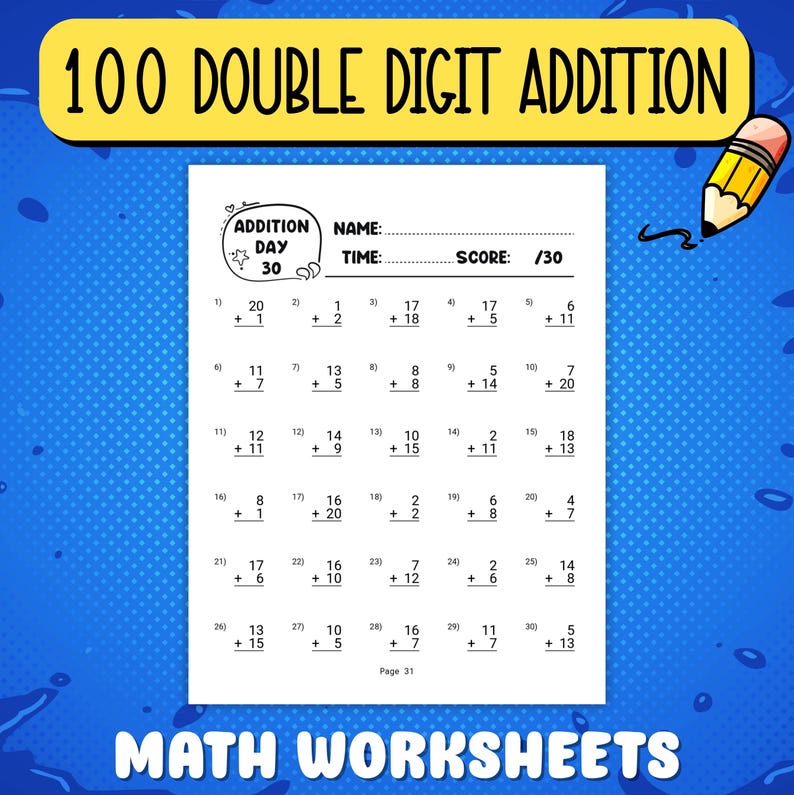 Double Digit Addition Worksheets for Kids:100 Days Math Practice for ...