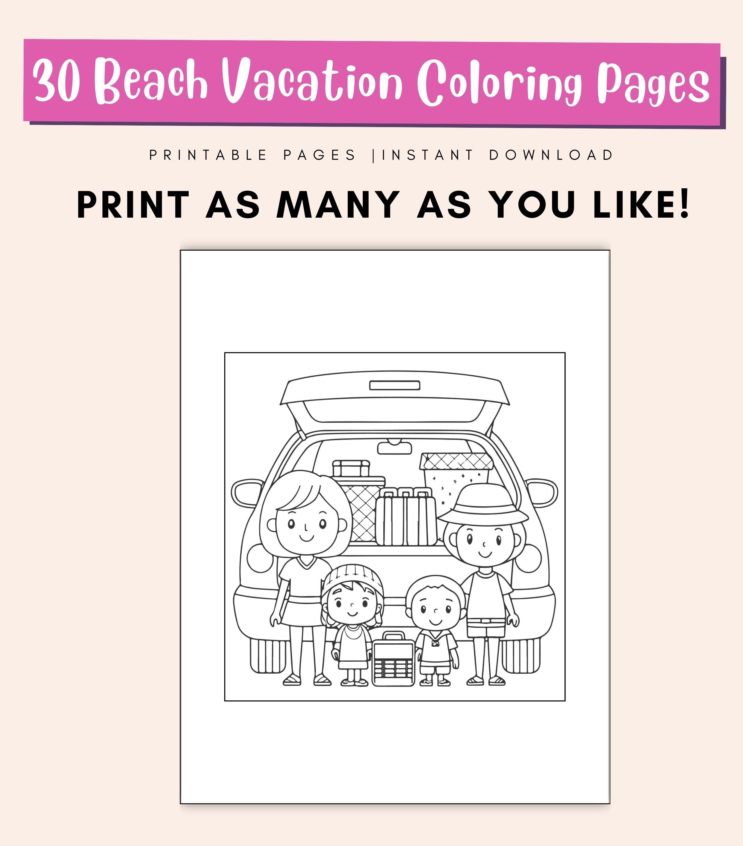 Beach Vacation Coloring Pages for Kids, Summer Vacation Coloring Book ...