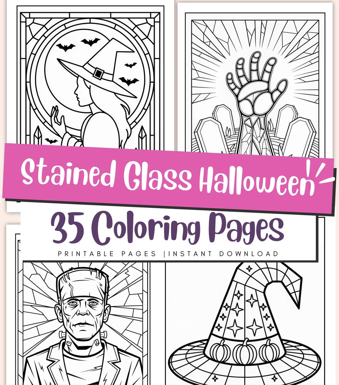 Stained Glass Halloween Coloring Pages for Kids & Adults, Spooky Mosaic ...