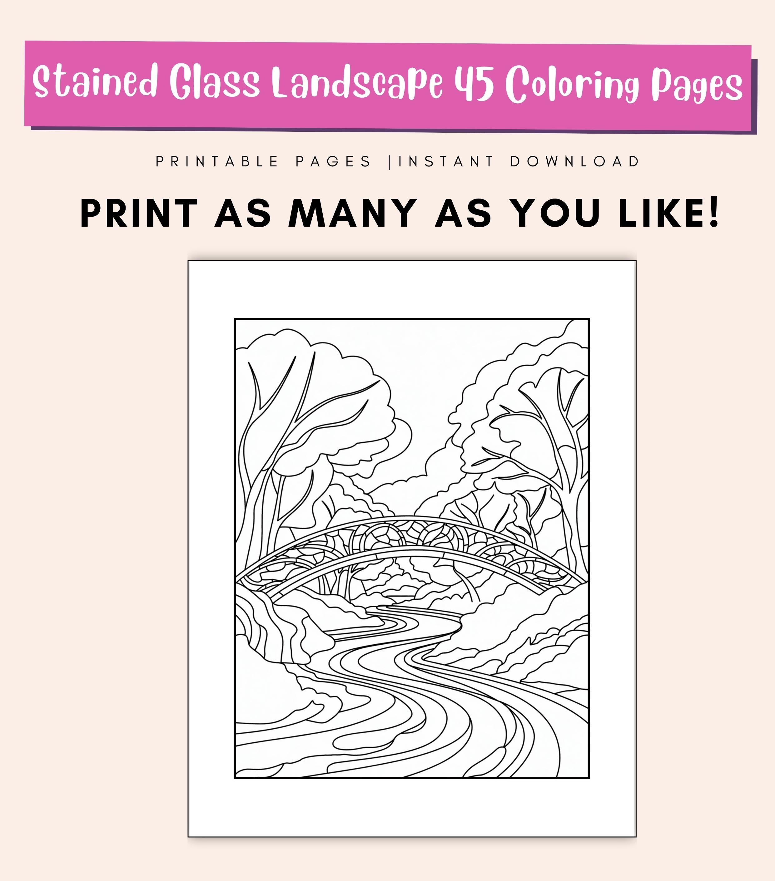 Stained Glass Landscape Coloring Pages for Kids & Adults: Printable ...