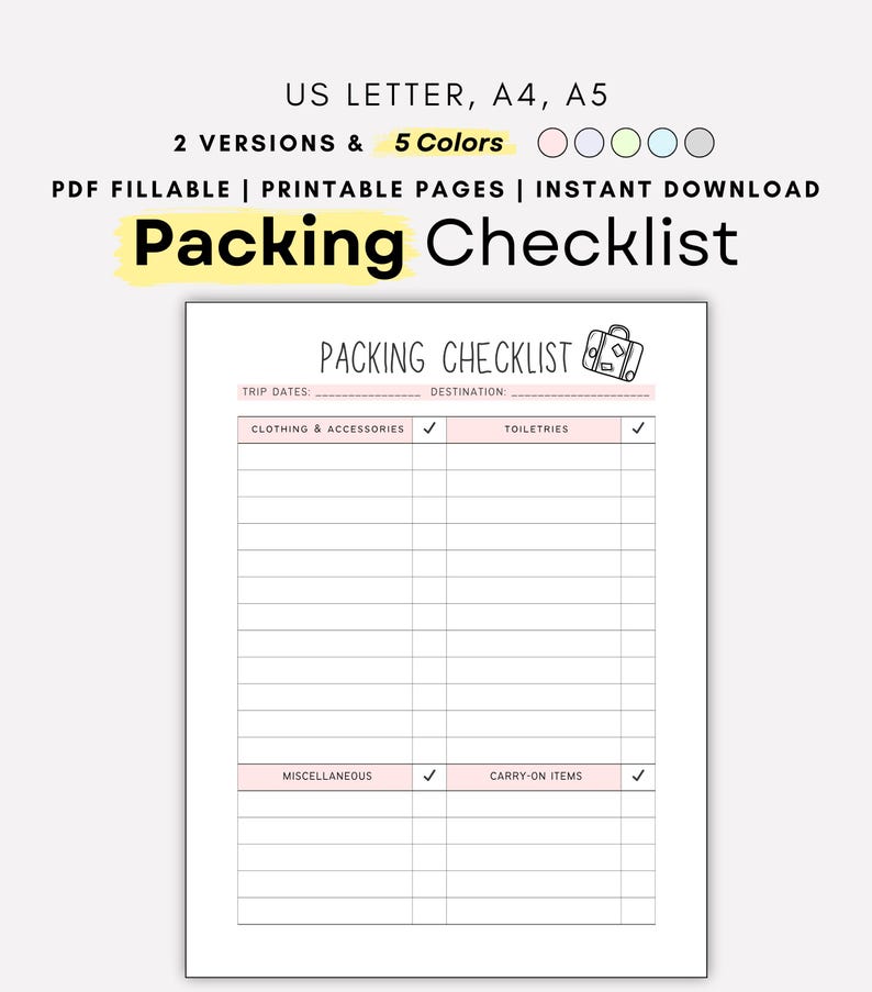 Fillable PDF Packing List, Printable Travel Checklist, Digital Travel ...