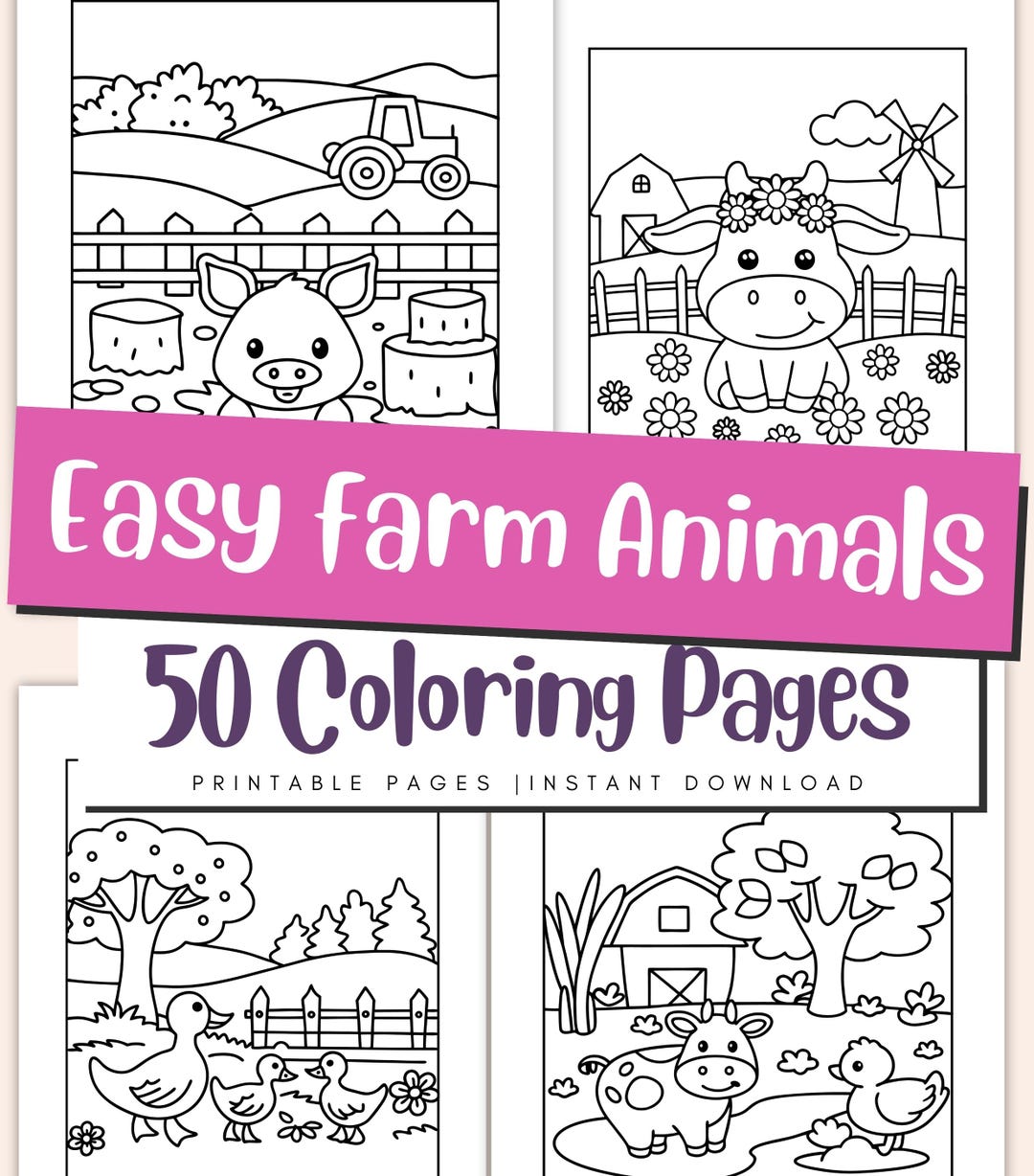 Easy Farm Animals Coloring Pages for Kids, Printable Farm Coloring Book ...