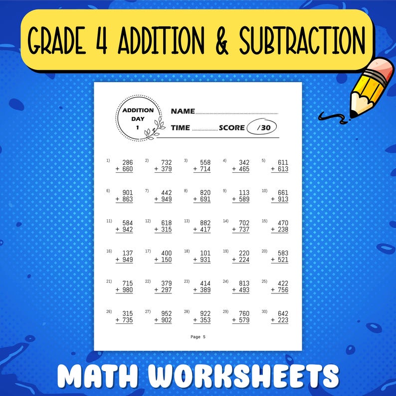 Grade 4 Math Worksheets – 100 Days Addition & Subtraction Practice ...