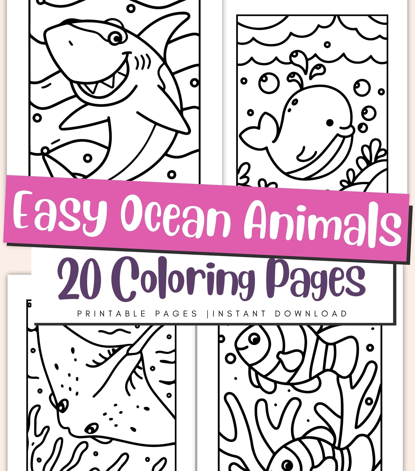 Easy Ocean Animals Coloring Pages for Kids - Simple Dolphins, Whales ...