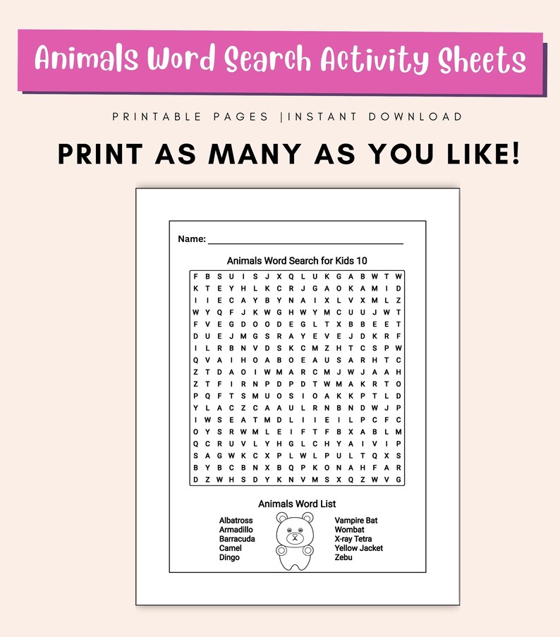 Word Search Puzzle for Kids, Printable Animals Word Search Activity ...