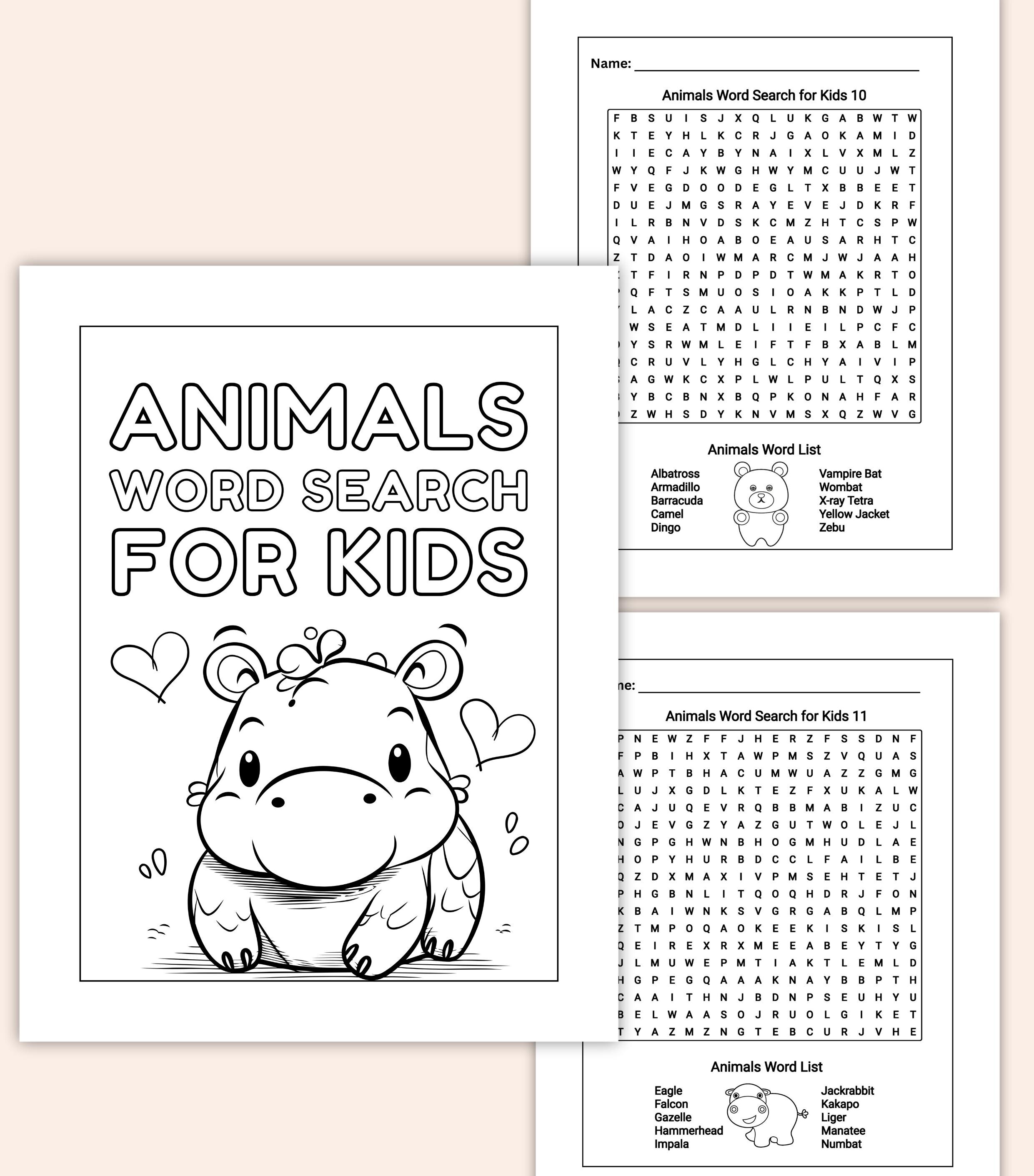 Word Search Puzzle for Kids, Printable Animals Word Search Activity ...