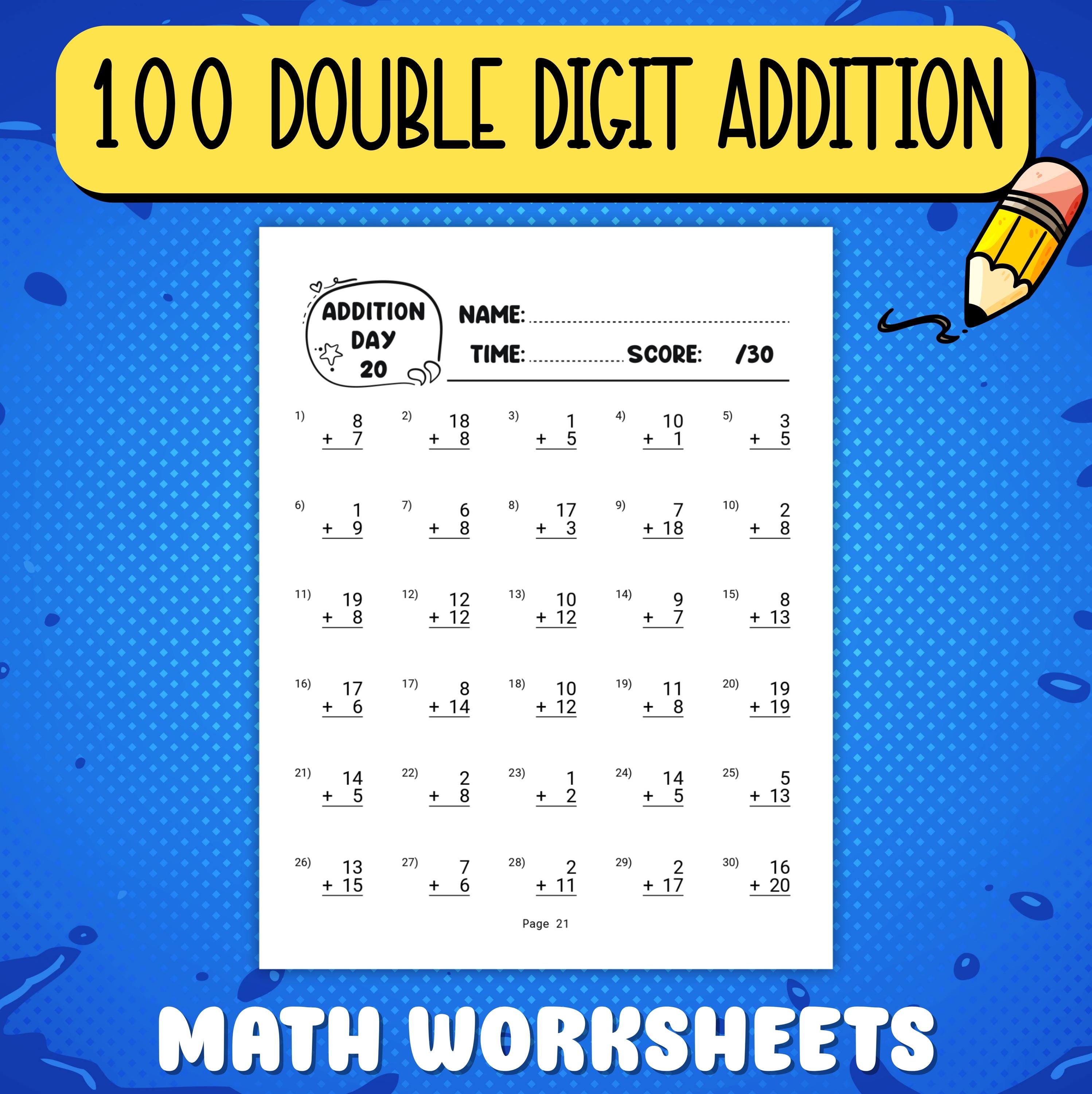 Double Digit Addition Worksheets for Kids:100 Days Math Practice for ...