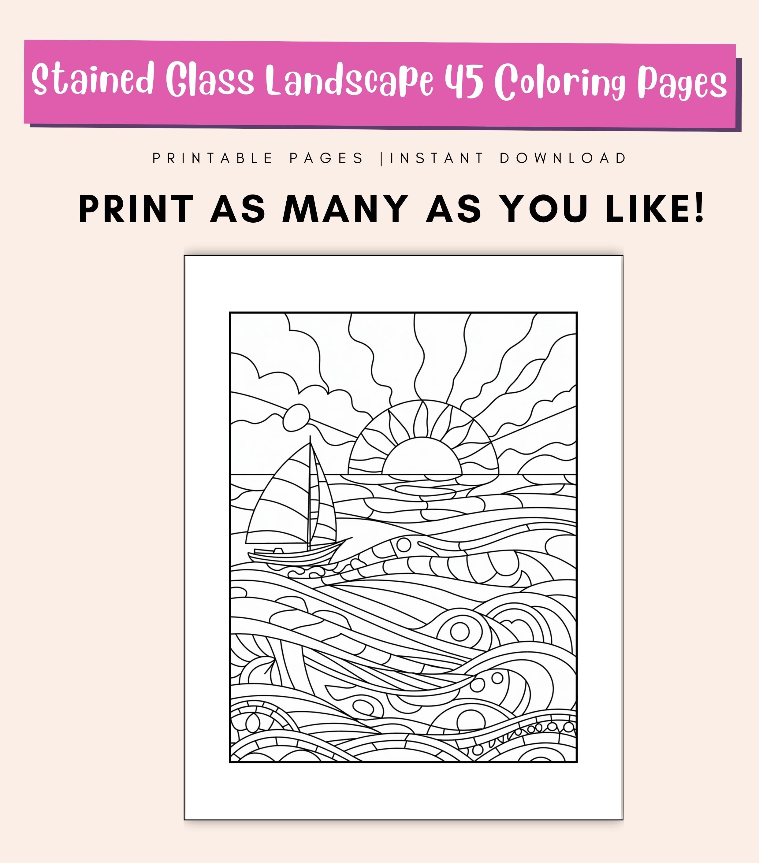 Stained Glass Landscape Coloring Pages for Kids & Adults: Printable ...
