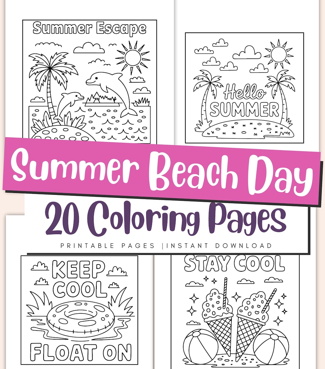 Summer Beach Day Coloring Pages for Kids - Swimming, Dolphins & Ice ...