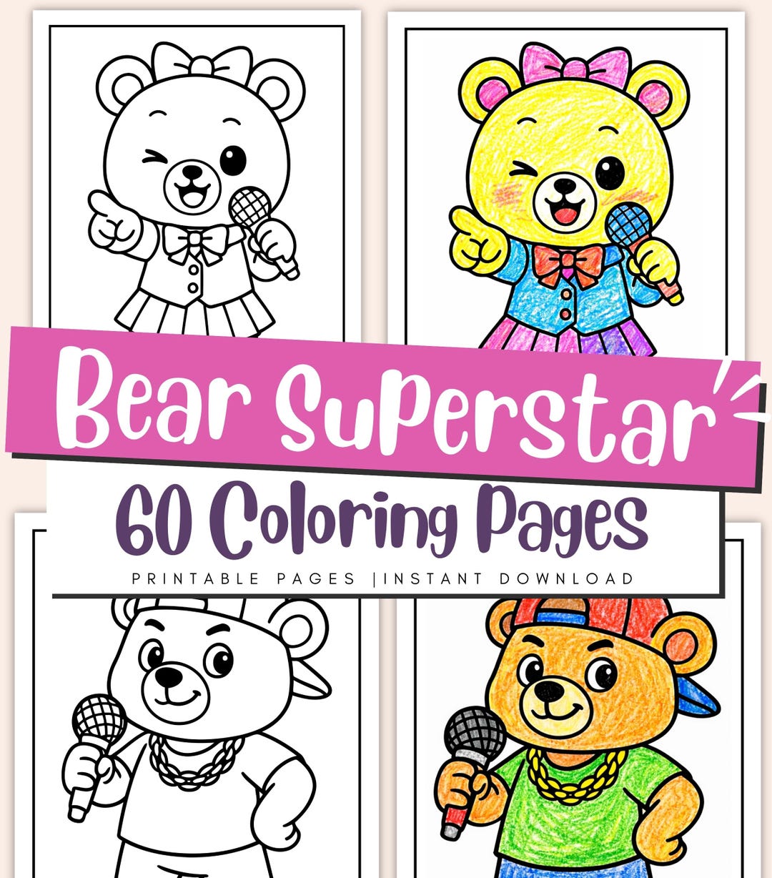 Bear Superstar Coloring Pages for Kids & Adults, Animal Printable PDF ...