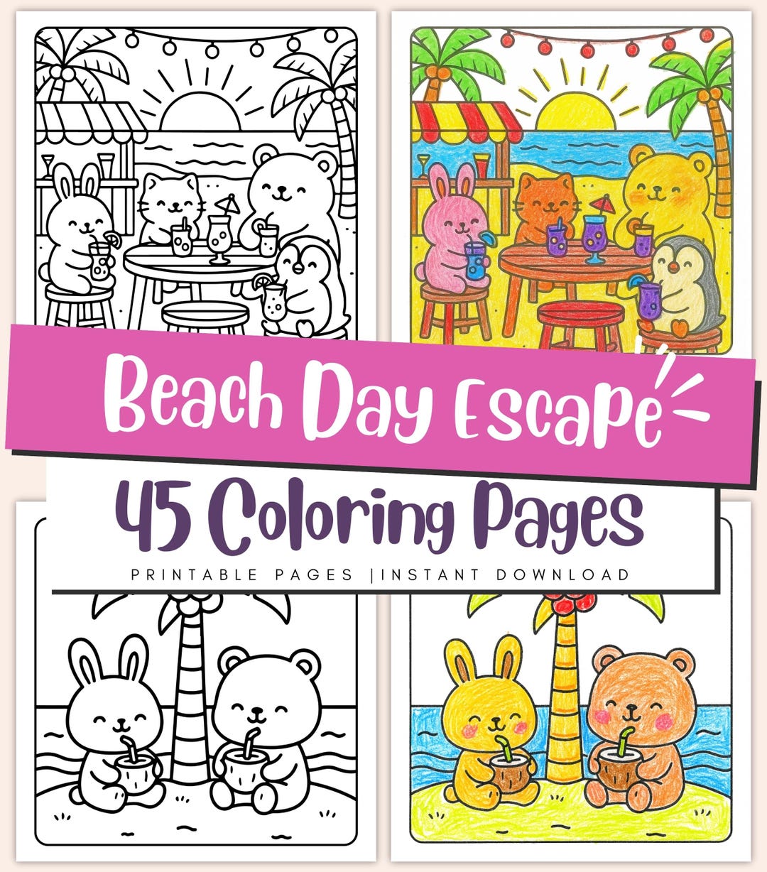 Lazy Beach Day Coloring Pages for Kids & Adults – Relaxing Summer ...