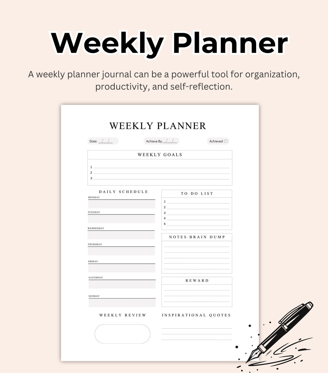 Printable Weekly Journal Planner, Organizer Pages, Digital Weekly ...