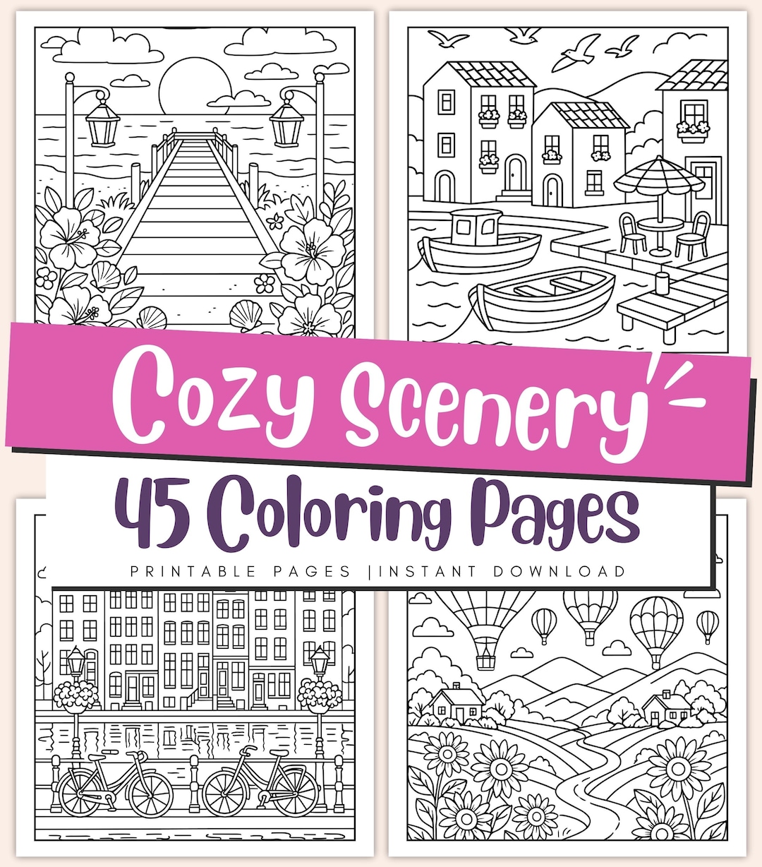 Cozy Scenery Coloring Pages for Kids & Adults – Peaceful Landscapes ...