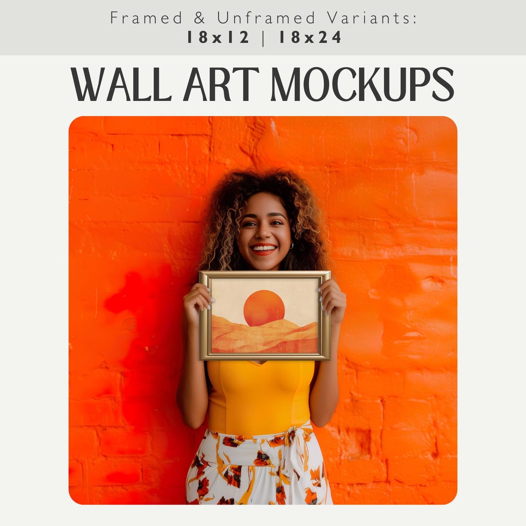 18x12 Frame Mockup Woman Model Holding Golden Frames on Orange Wall ...
