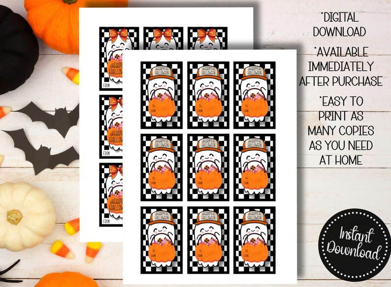 Halloween Ghost Gift Tags, Printable Retro Halloween Favor Tags ...