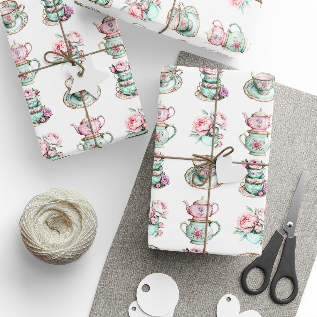 Tea Time Wrapping Paper, Tea Cup Wrapping Paper, Teacup Gift Wrap ...