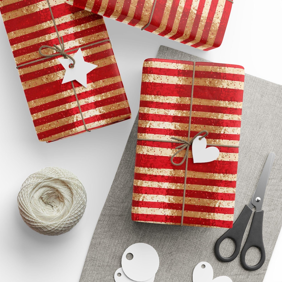 Red and Gold Striped Glitter Christmas Wrapping Paper, Festive and ...