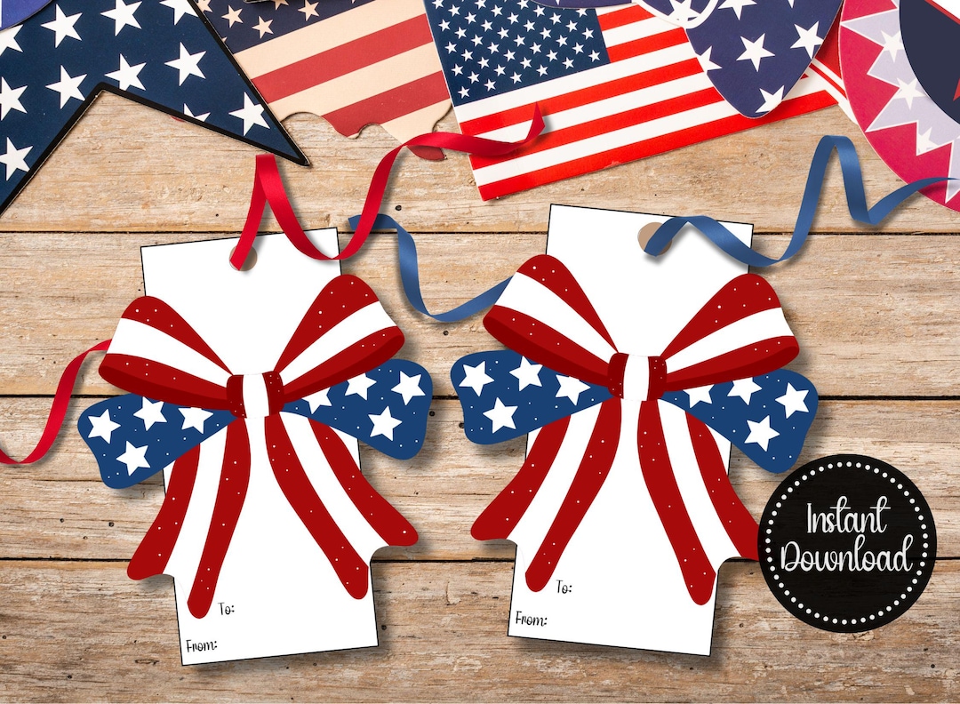 Printable 4th of July Gift Tags, Bow 4th of July Party Favors, Red ...