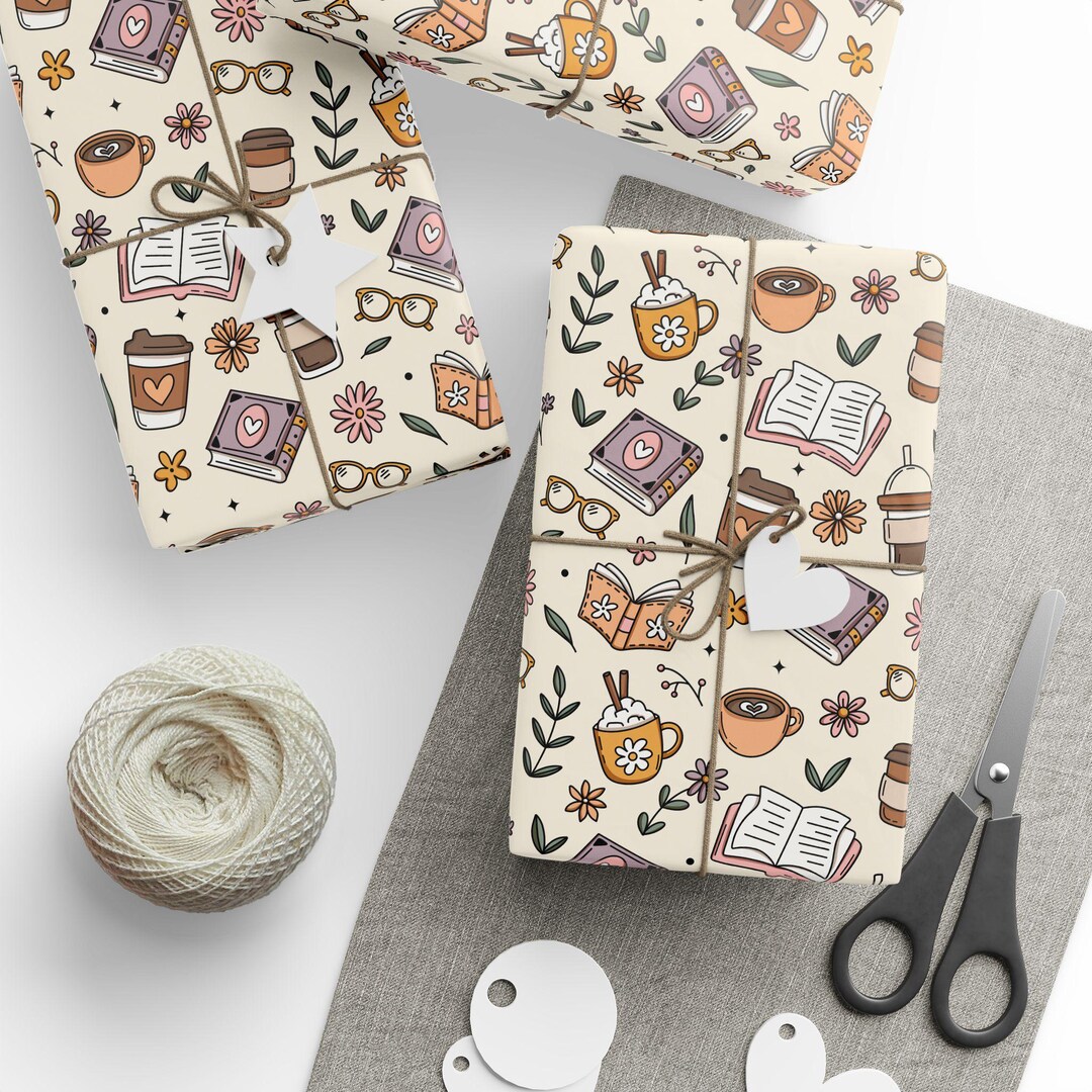 Books and Coffee Wrapping Paper, Book Lover Wrapping Paper, Book Gift ...