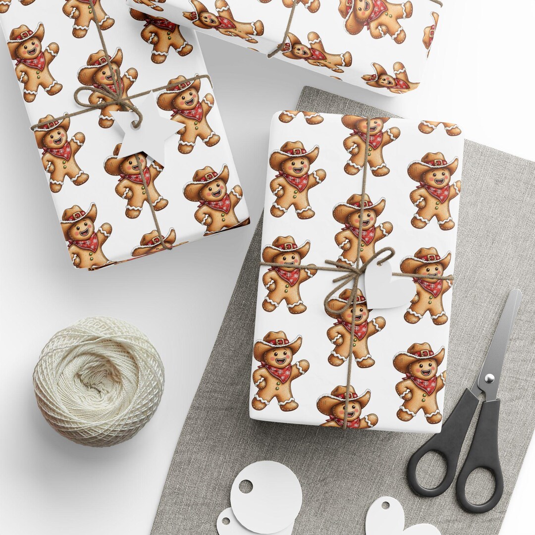 Cowboy Gingerbread Man Wrapping Paper, Western Christmas Gift Wrap ...