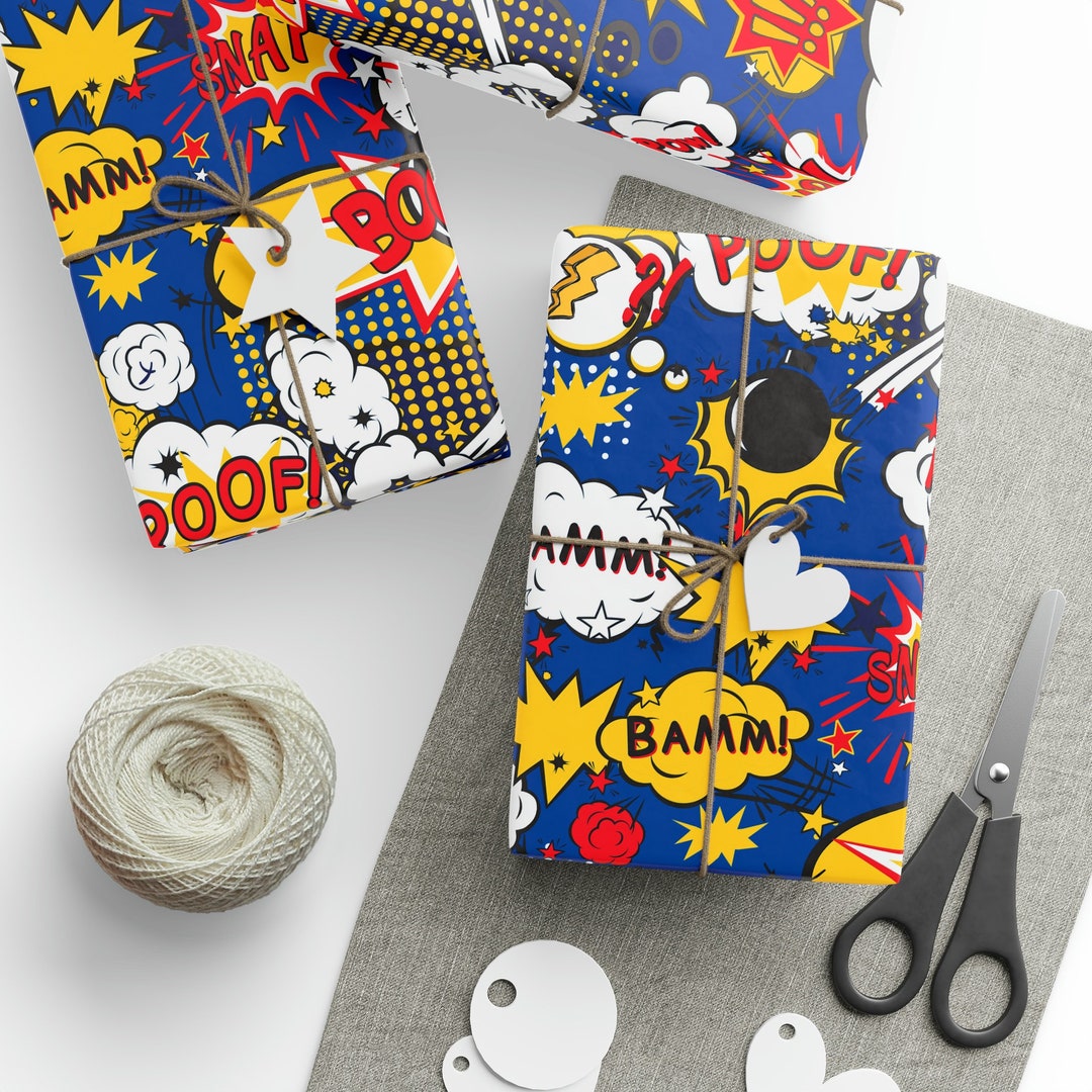 Super Hero Wrapping Paper, Super Hero Gift Wrap, Boom Pow, Comic ...