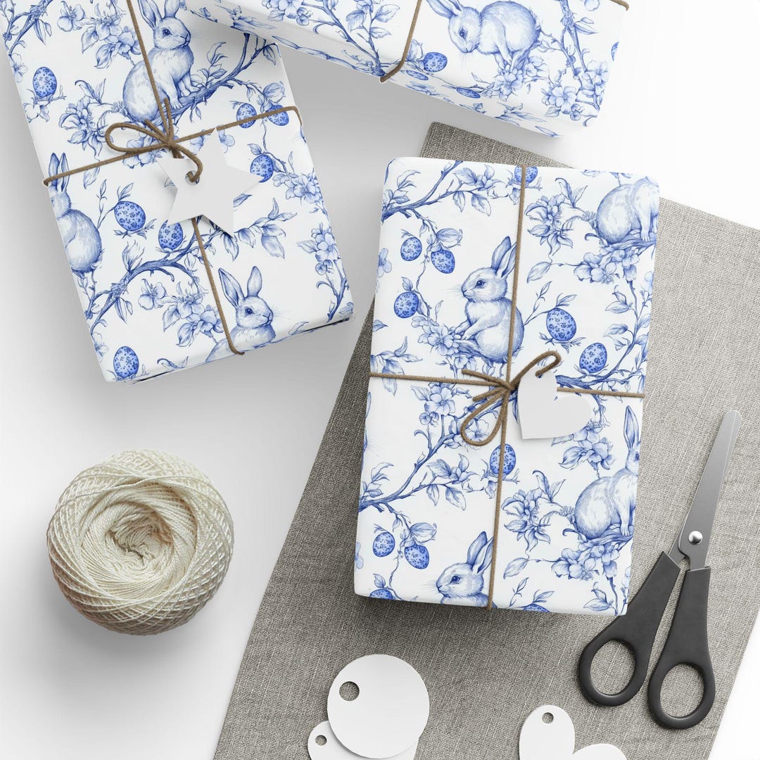 Blue Toile Wrapping Paper, Toile Easter Wrapping Paper, Blue Toile ...