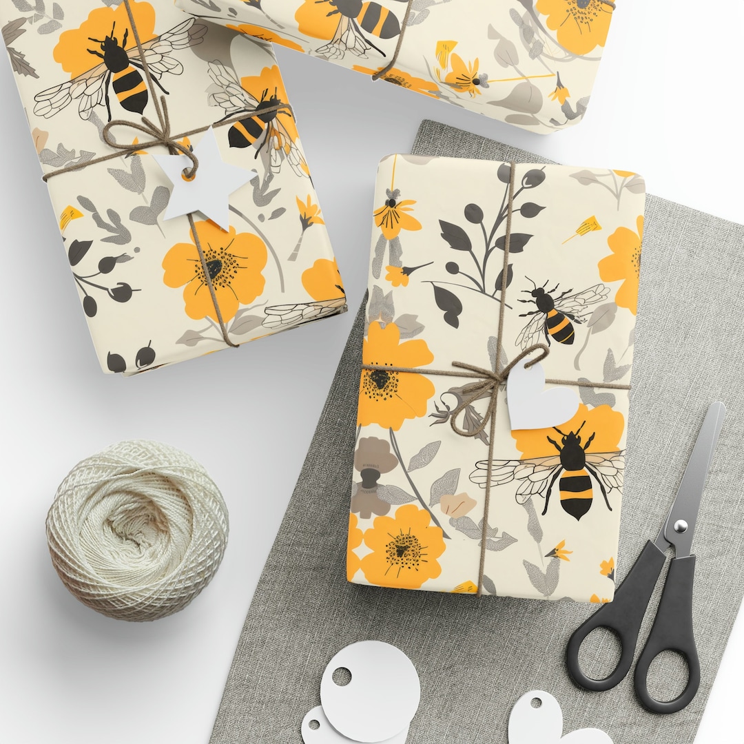 Yellow Bee Wrapping Paper, Yellow Floral Wrapping Paper, Yellow ...