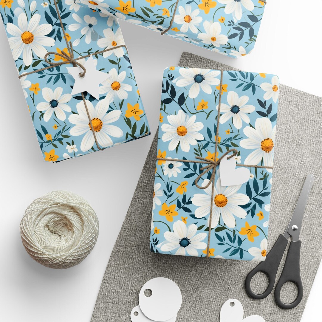 Daisy Wrapping Paper, Daisy Gift Wrap, Gift for Her, Blue Wrapping ...