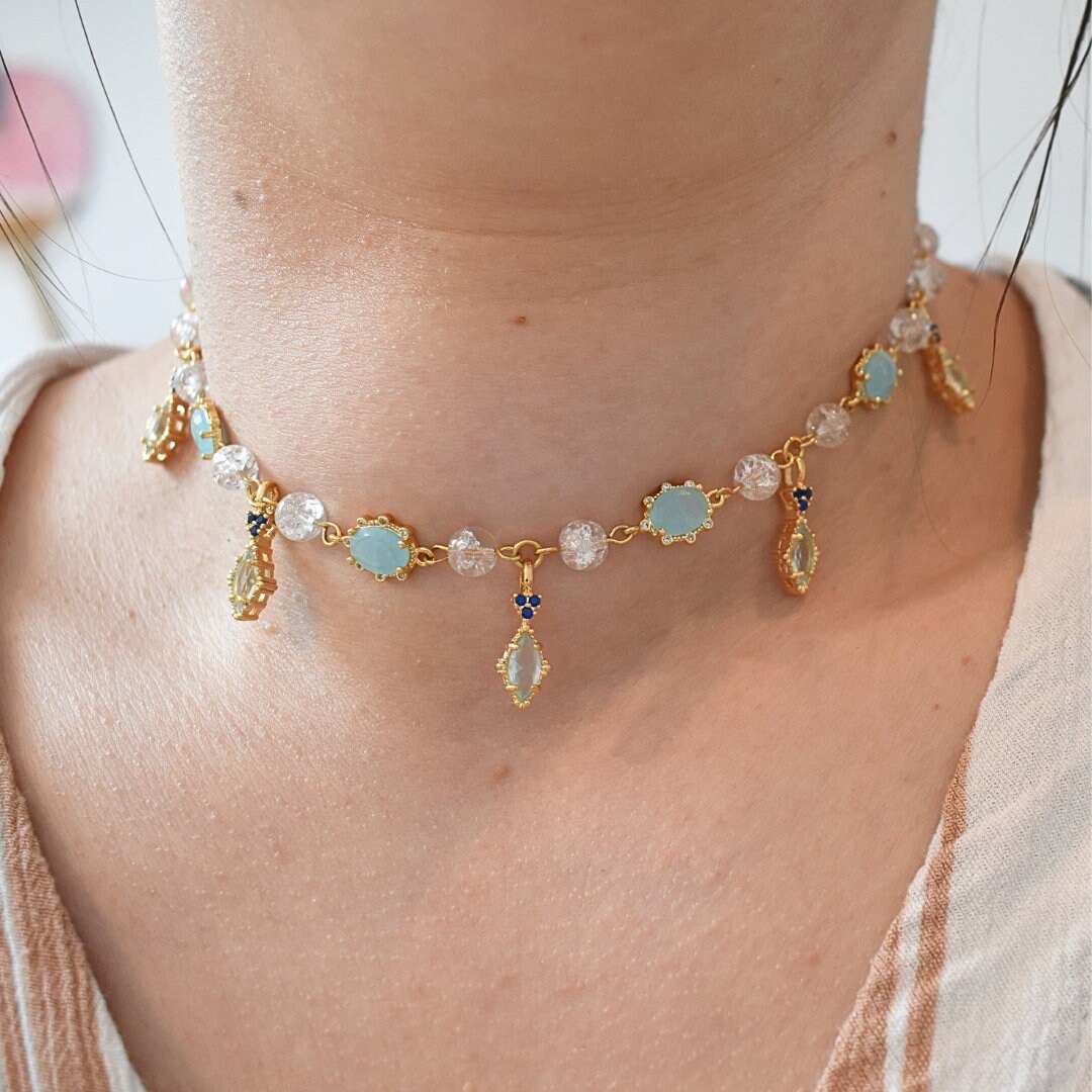 SOPHIA Royalcore Blue Necklace and Rock Crystal Pearl Bridgerton Style ...