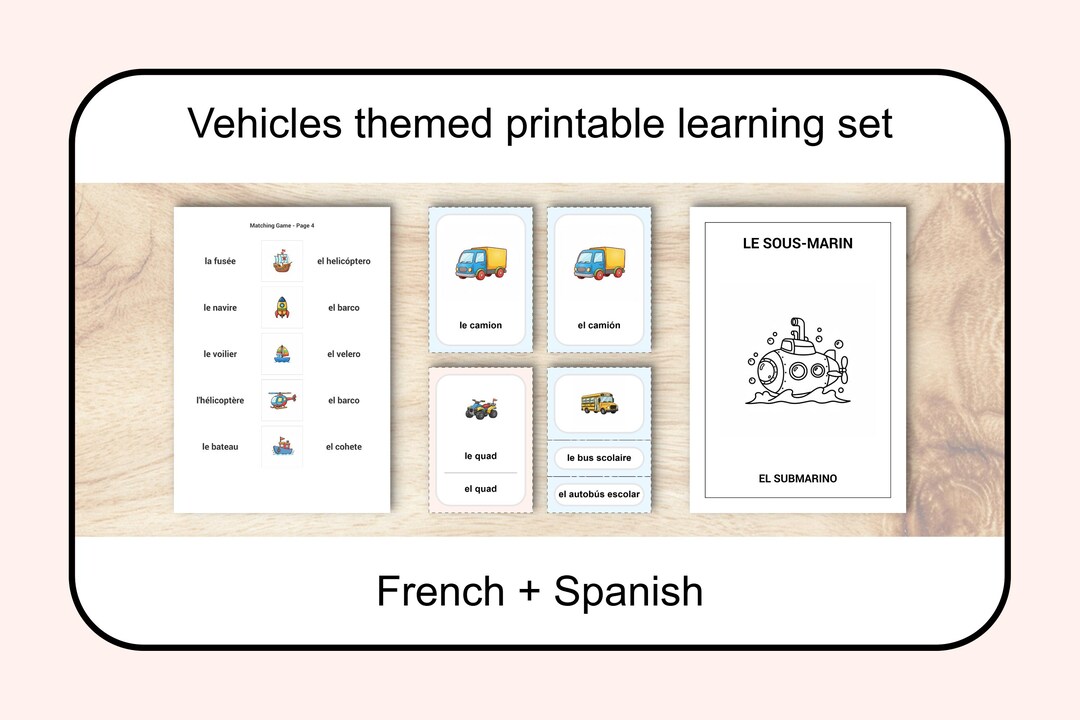 Printable Vehicles Learning Set, French + Spanish. 40 Kids Vocabulary ...