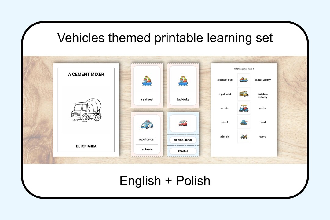 Printable Vehicles Learning Set, English + Polish. 40 Kids Vocabulary ...