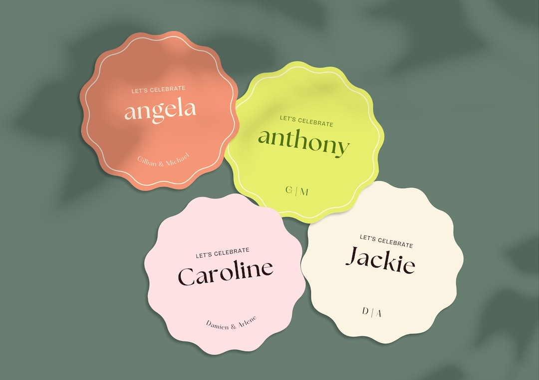 Circle Wave Wedding Place Card Template: Round Wavy Name Card (editable ...