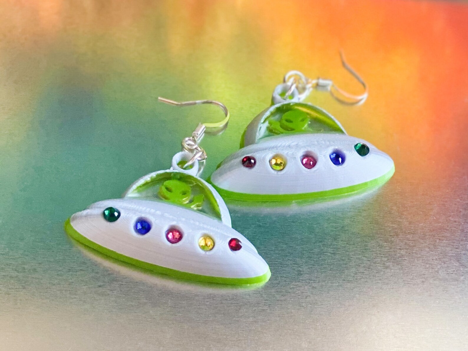 3d Printed UFO Earrings With Green Alien Waving in Silver UFO With ...