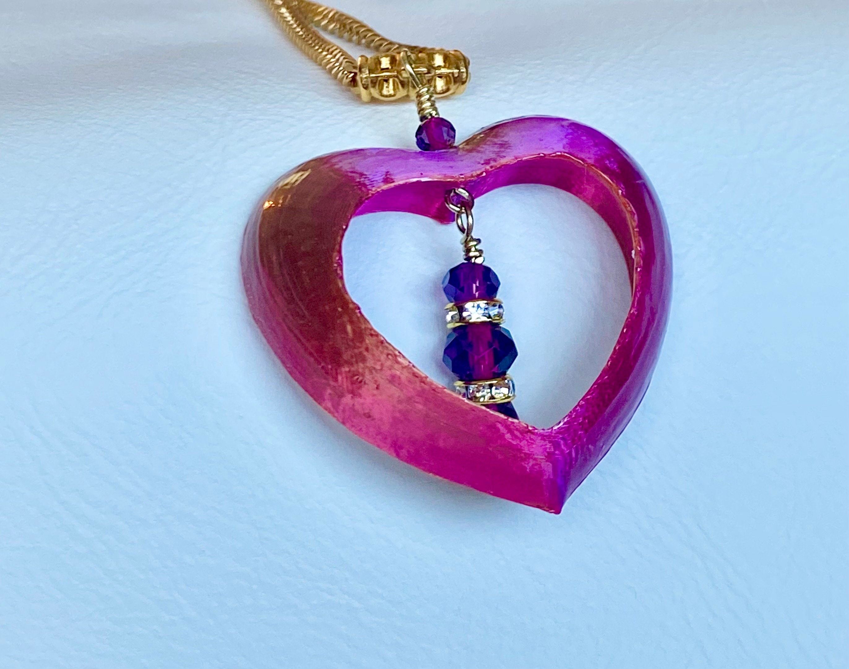 Iridescent Fuchsia Heart Pendant With Purple Faceted Glass Beads ...