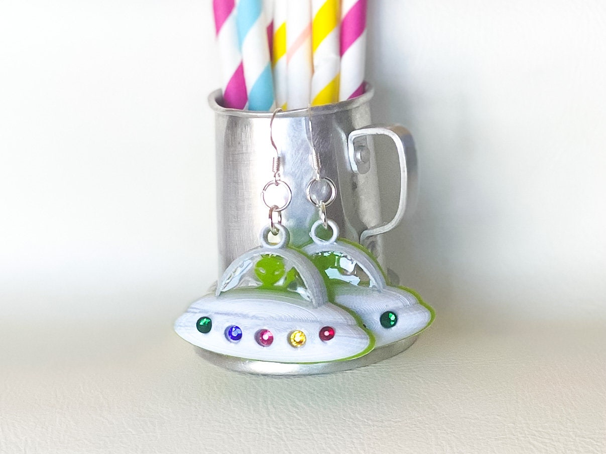 3d Printed UFO Earrings With Green Alien Waving in Silver UFO With ...