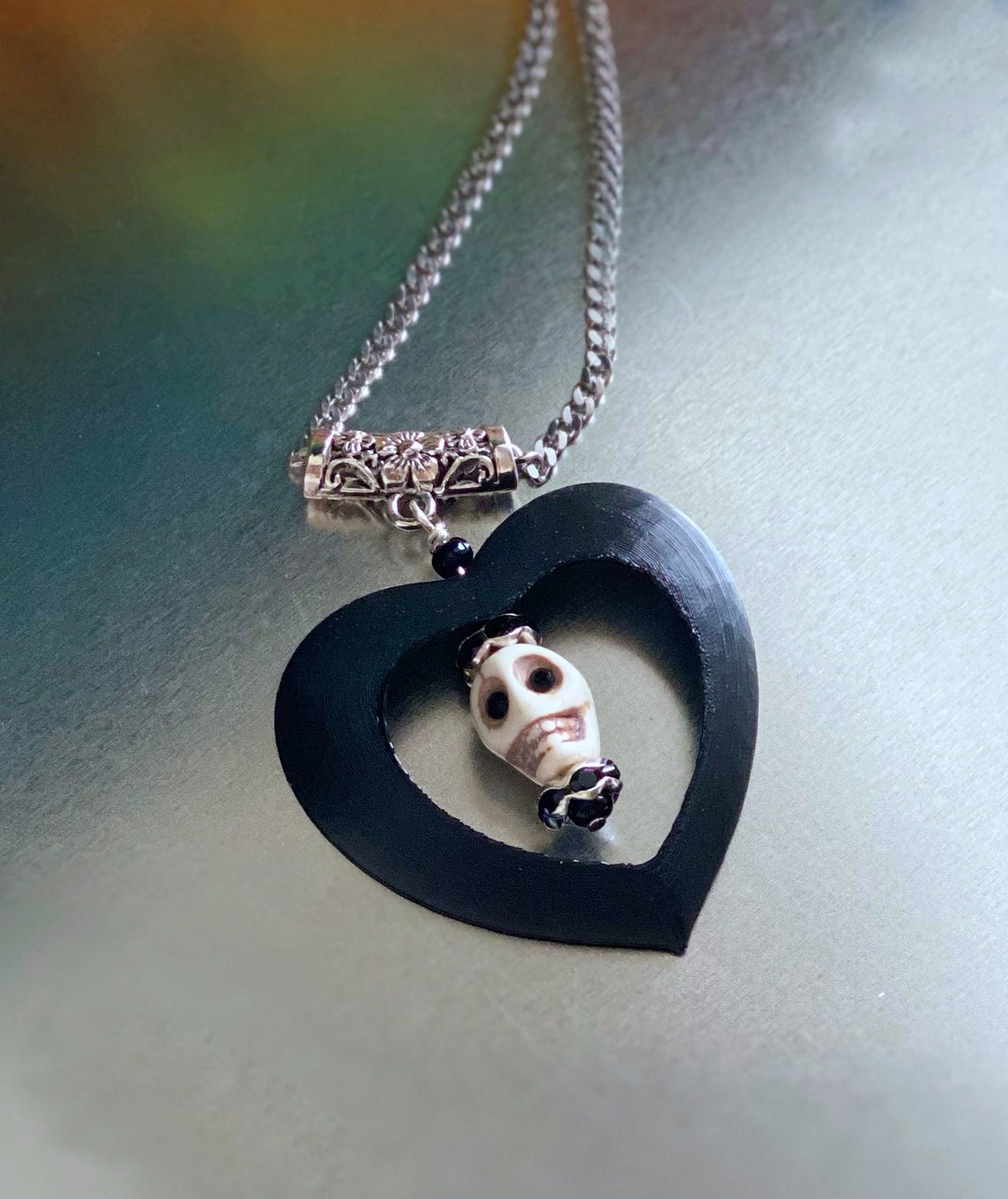 Heart Pendant With Skull on Silver Bail and Silver Plated Stainless ...