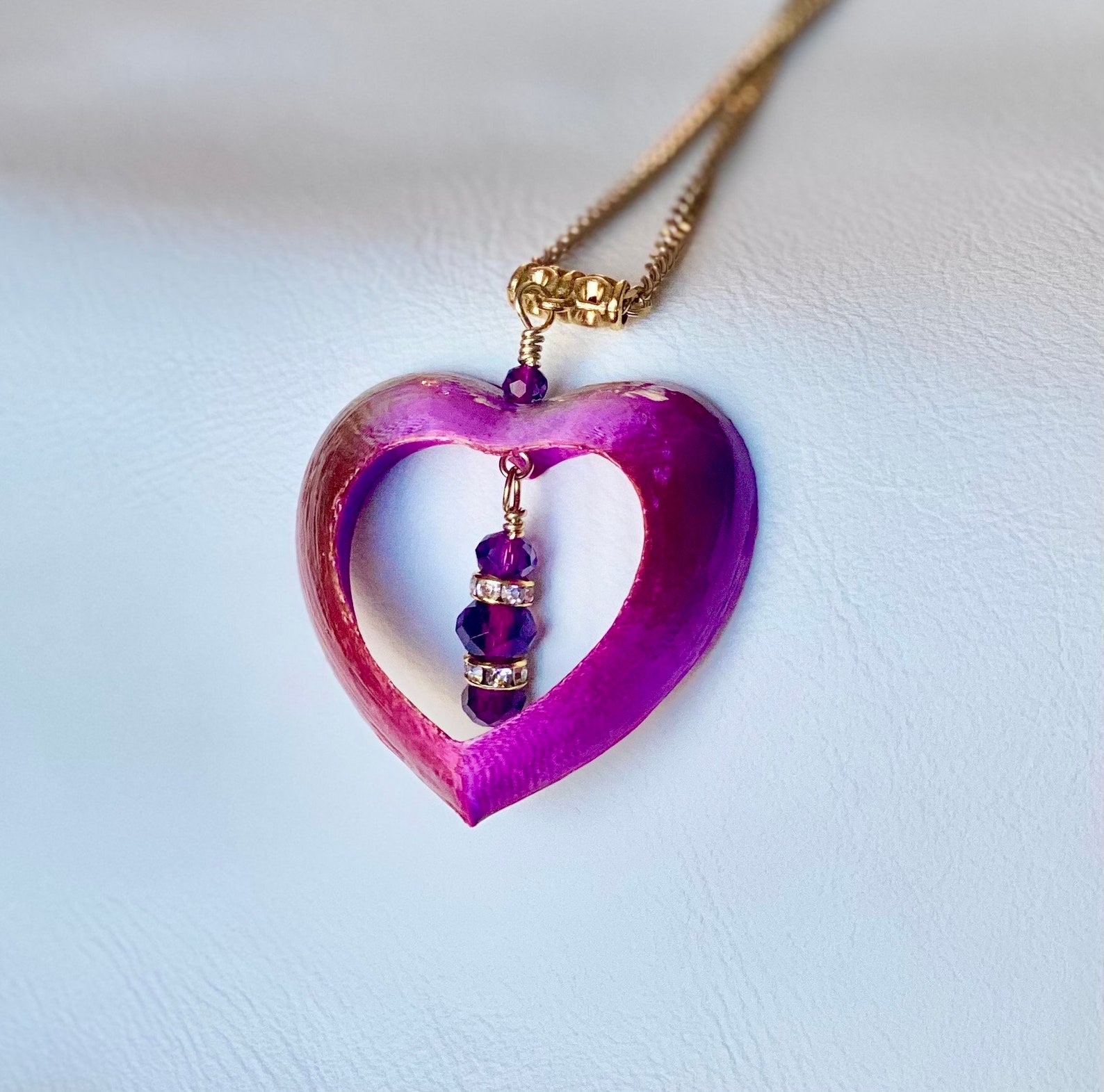 Iridescent Fuchsia Heart Pendant With Purple Faceted Glass Beads ...