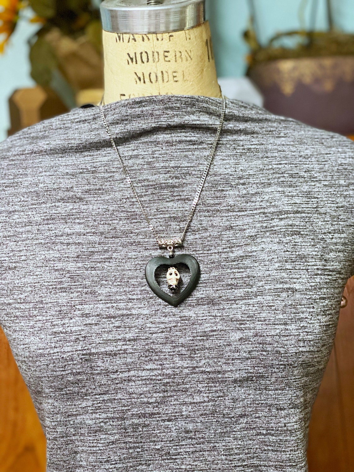 Heart Pendant With Skull on Silver Bail and Silver Plated Stainless ...