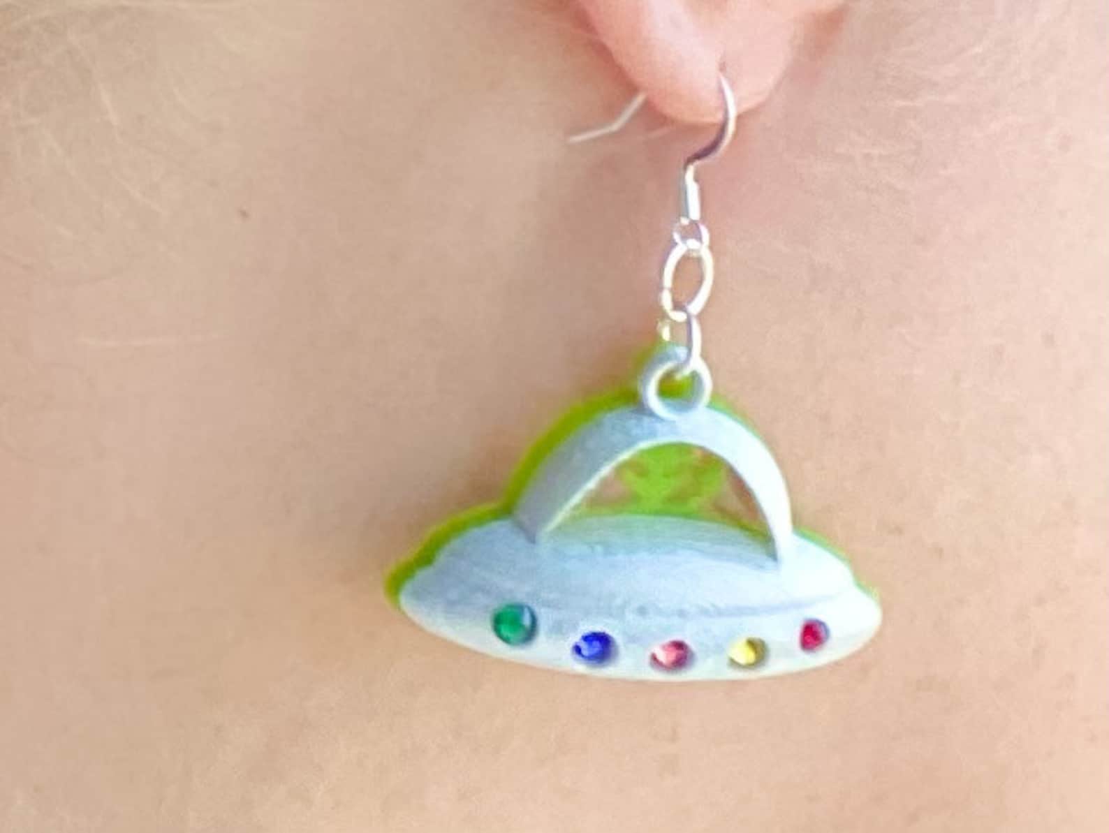 3d Printed UFO Earrings With Green Alien Waving in Silver UFO With ...