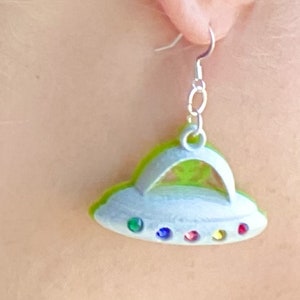 3d Printed UFO Earrings With Green Alien Waving in Silver UFO With ...