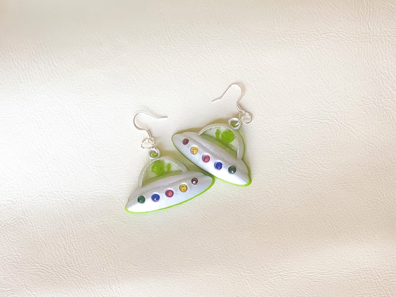 3d Printed UFO Earrings With Green Alien Waving in Silver UFO With ...