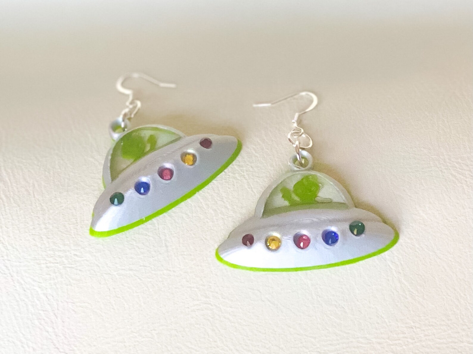 3d Printed UFO Earrings With Green Alien Waving in Silver UFO With ...