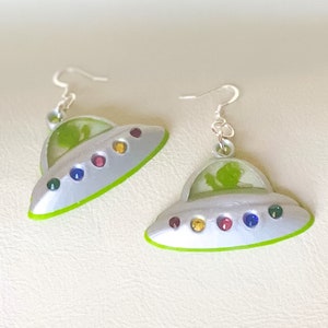 3d Printed UFO Earrings With Green Alien Waving in Silver UFO With ...