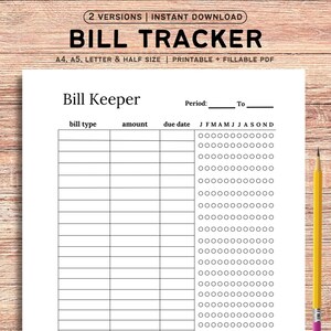 Bill Tracker | Bill Payment Checklist | Bills on One Page | Bill ...