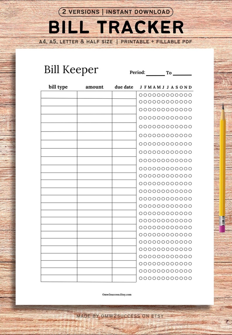Bill Tracker | Bill Payment Checklist | Bills on One Page | Bill ...