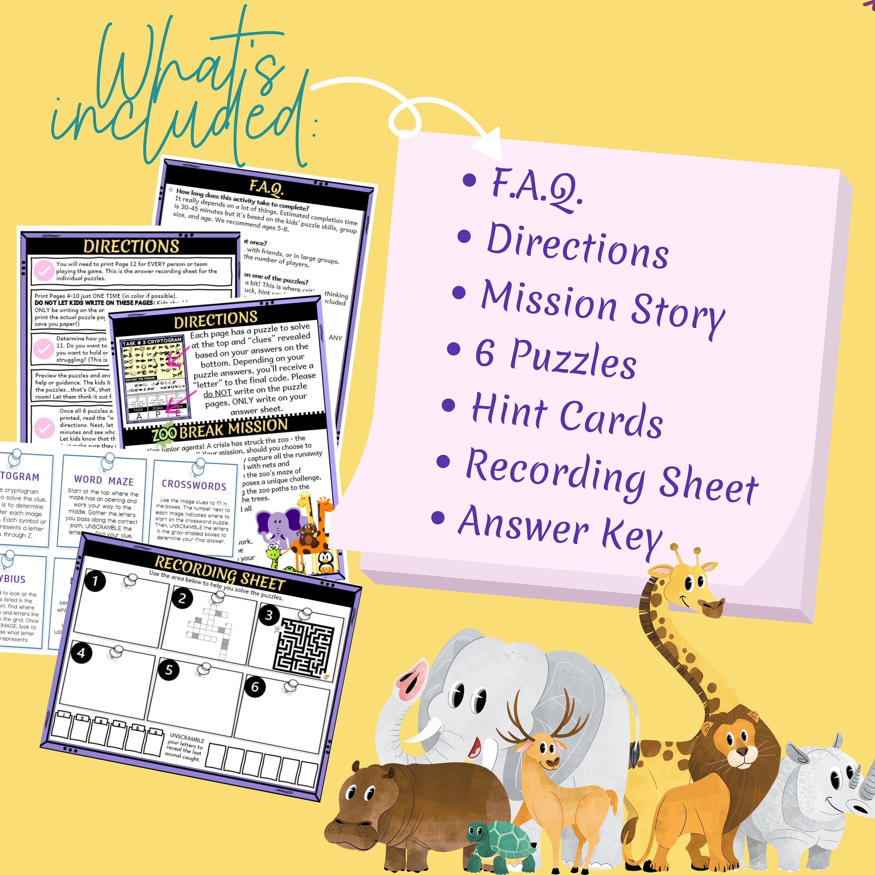 Zoo Break Escape Room, Printable Game for Kids Ages 5-7, Zoo Animal or ...