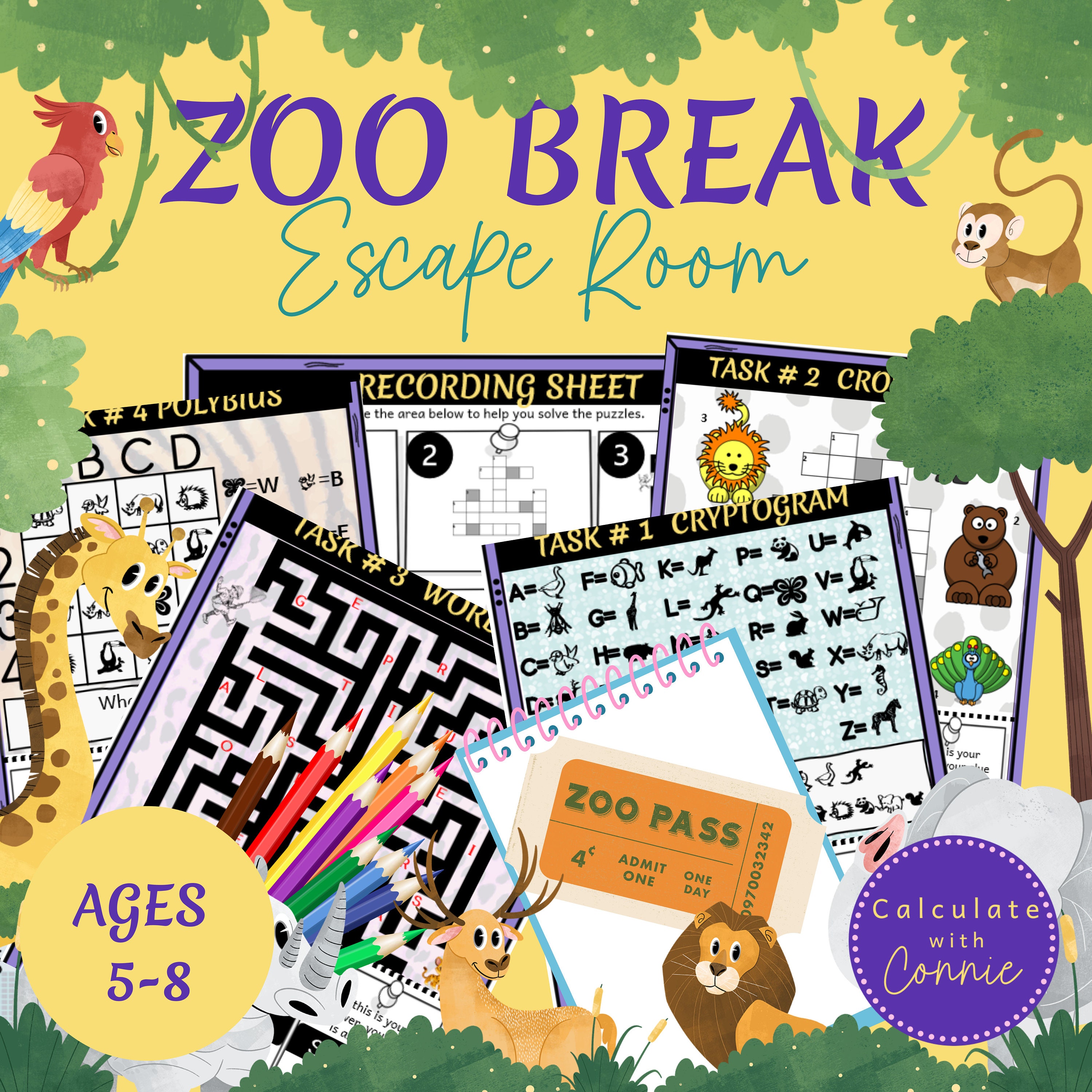 Zoo Break Escape Room, Printable Game for Kids Ages 5-7, Zoo Animal or ...