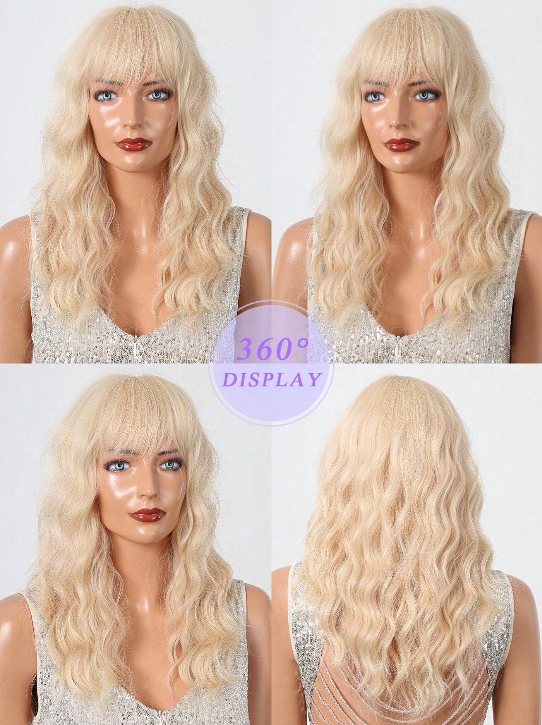 Long Wavy Blonde Synthetic Wigs, Platinum Daily Natural Hair Wigs With Bangs, Cosplay Wig for ...